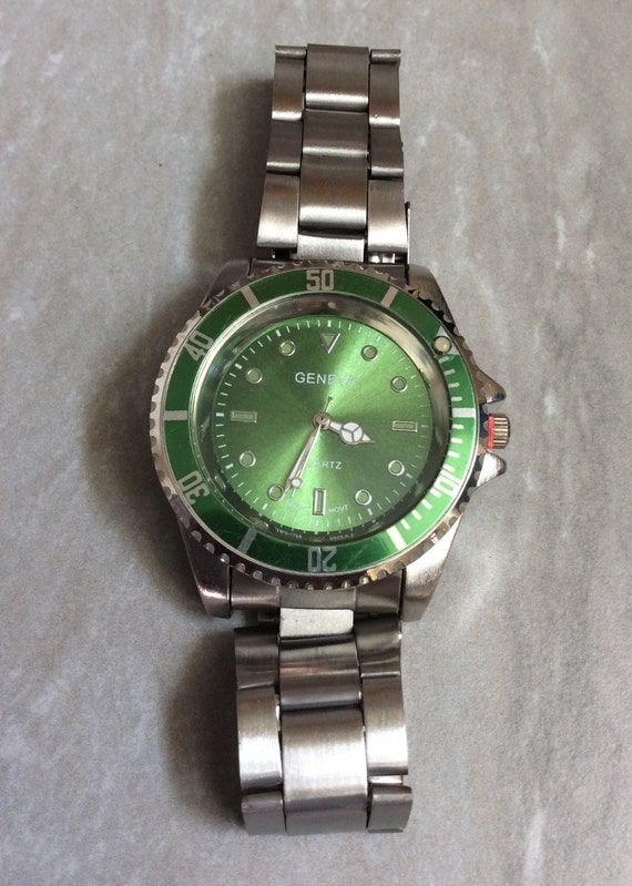 Geneva Silver Men's Watch Round Green Dial Displaying… - Gem