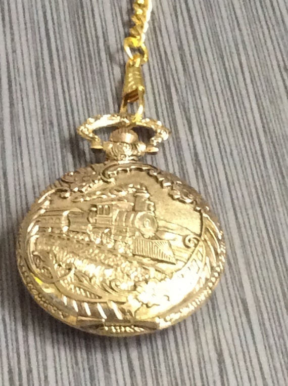 Men's Gold Train Locomotive Pocket Watch Round White … - Gem