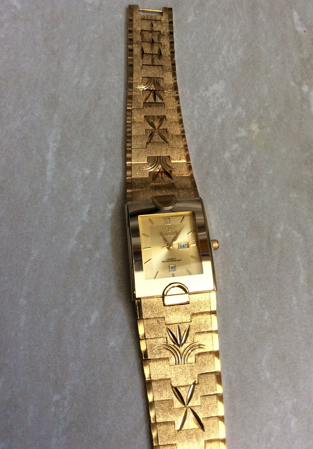 SUNBORN Men's Gold Dress Watch Rectangle Gold Dial Index Hours Day and ...