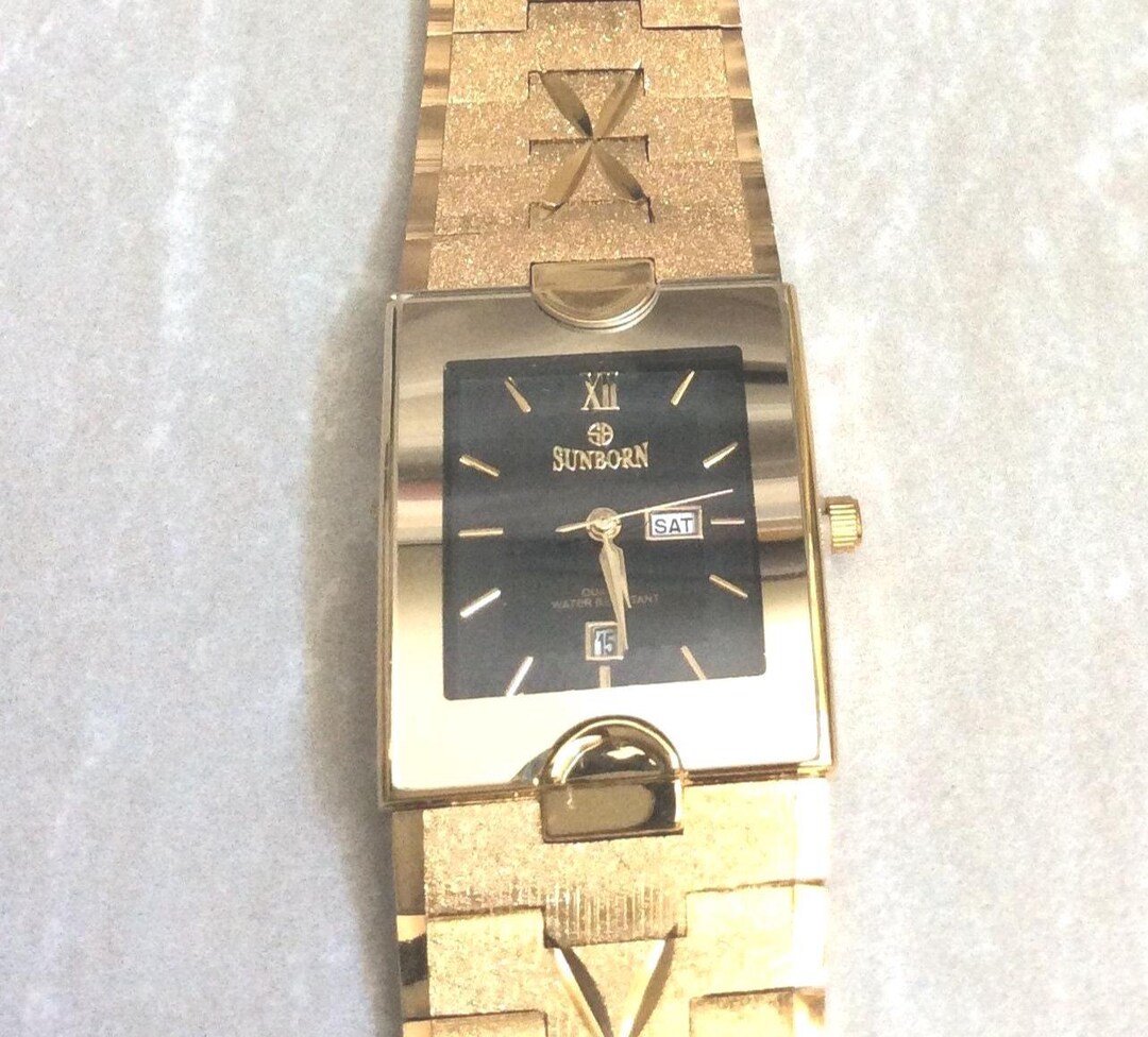 SUNBORN Men's Gold Watch Rectangle Black Dial Day & Date Indicators on ...