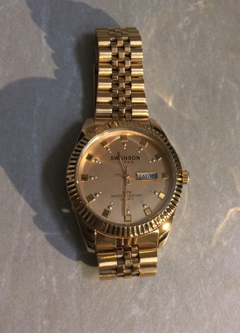SWANSON Men's Gold Watch 45MM Round Gold Dial Unique Hour Markers Day ...