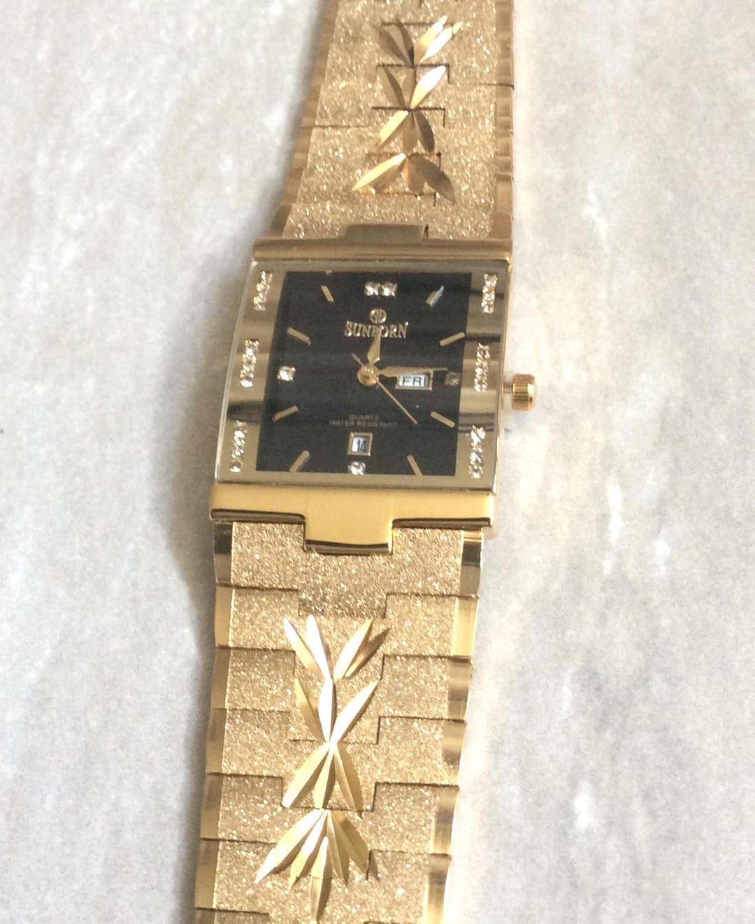 SUNBORN Men's Watch Rectangle Black Dial Crystal Accent Day and Date ...