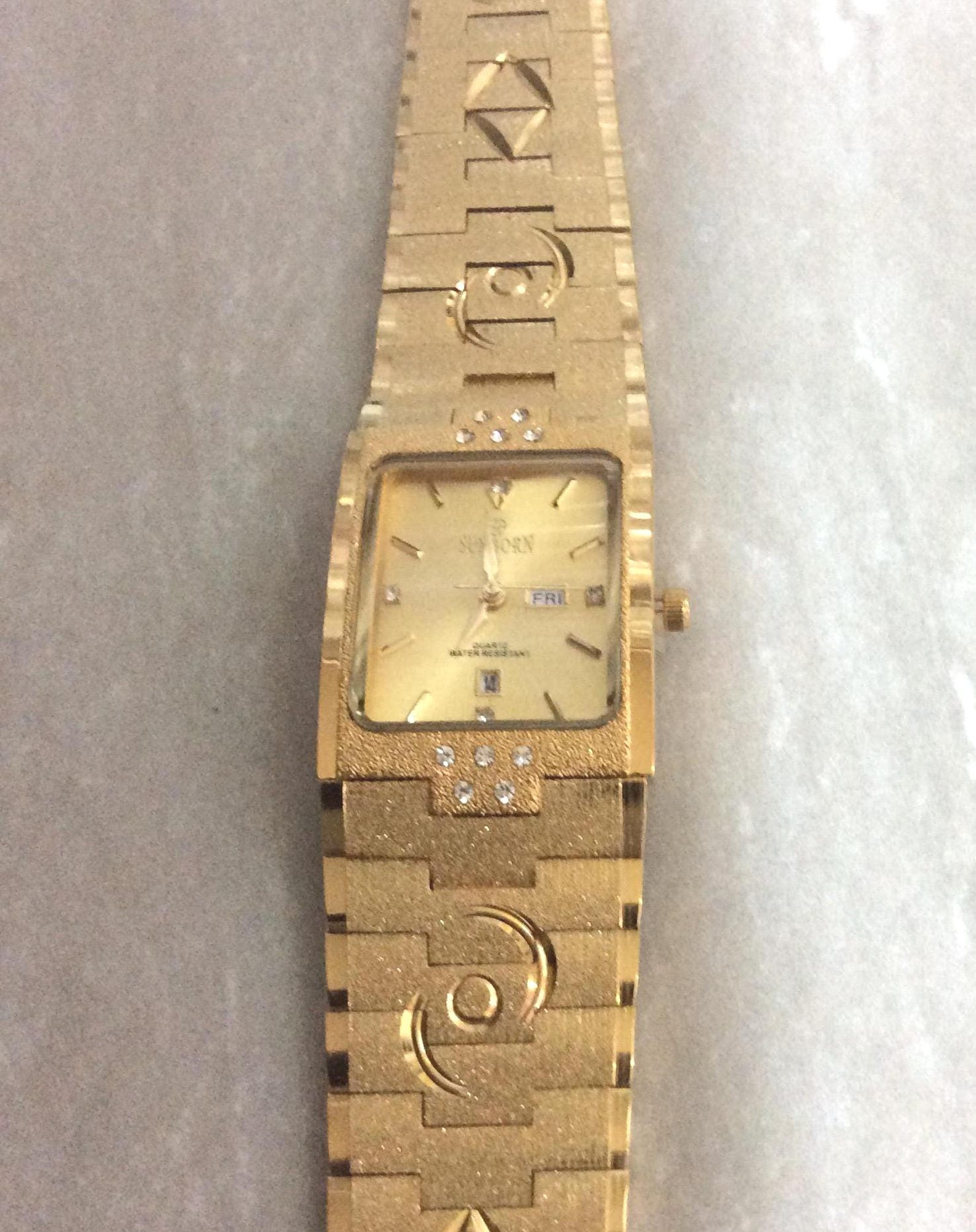 SUNBORN Men's Gold Crystal Watch Rectangle Gold Dial Day & Date Gold ...