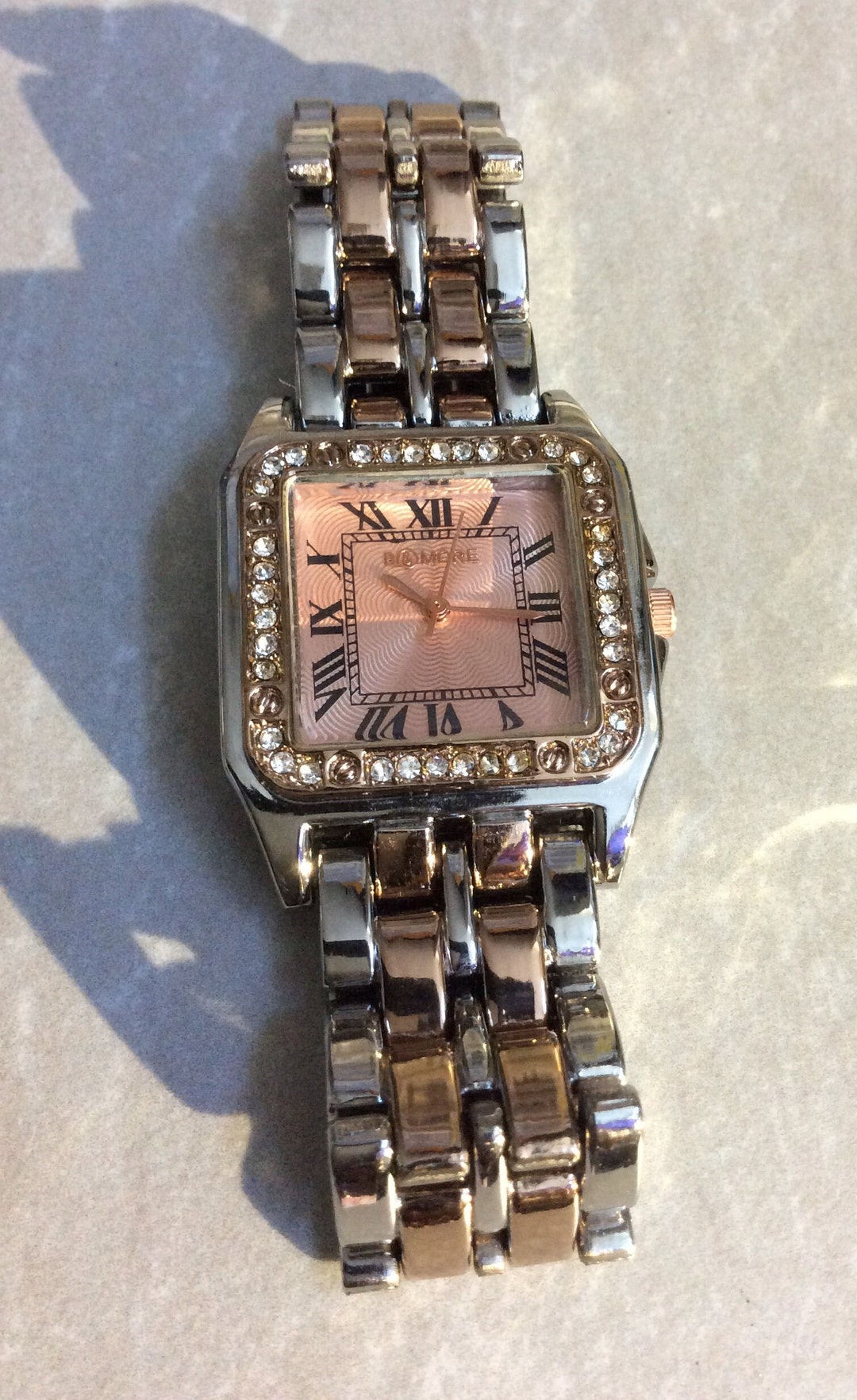 Women's Silver & Rose Gold Crystal Watch Square Rose Gold Dial Black ...