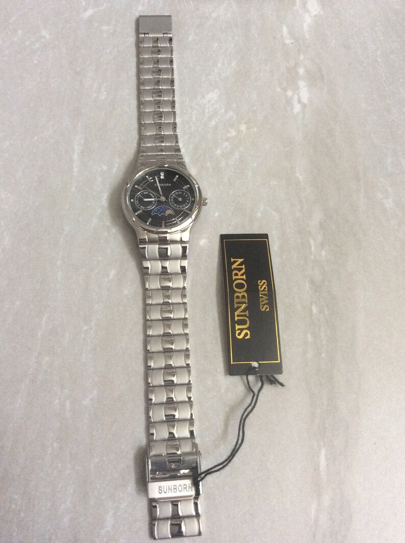 Sunborn Swiss Silver Men's Watch Round Black Dial Day & Date Day Night ...