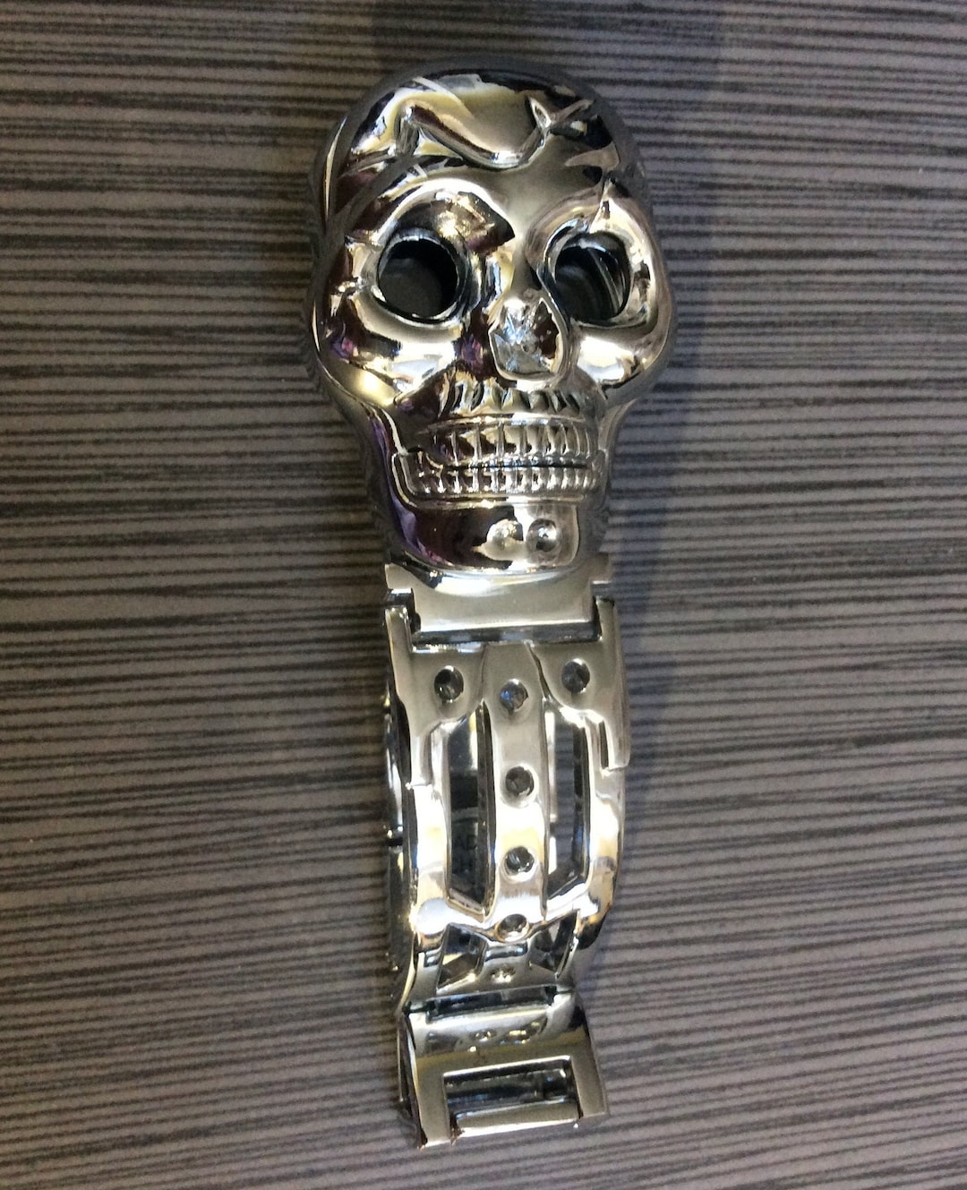 Silver Men's Skull Biker Watch Black Eyes Opens to a Black Dial Arabic ...