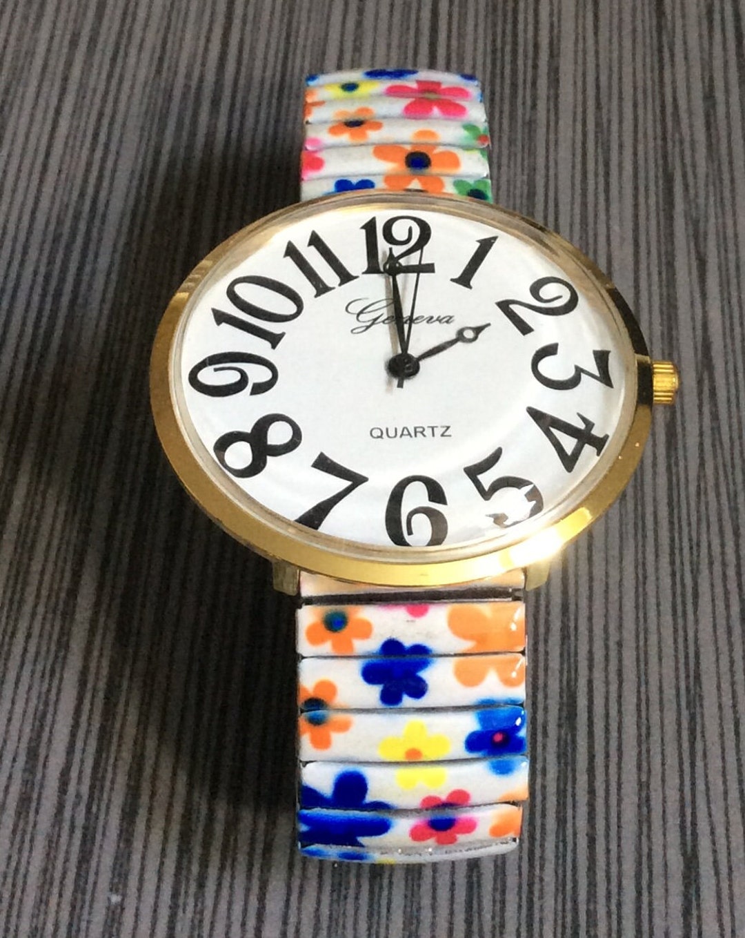 Geneva Women's Flowered Stretch Band Watch Round White Dial Big ...