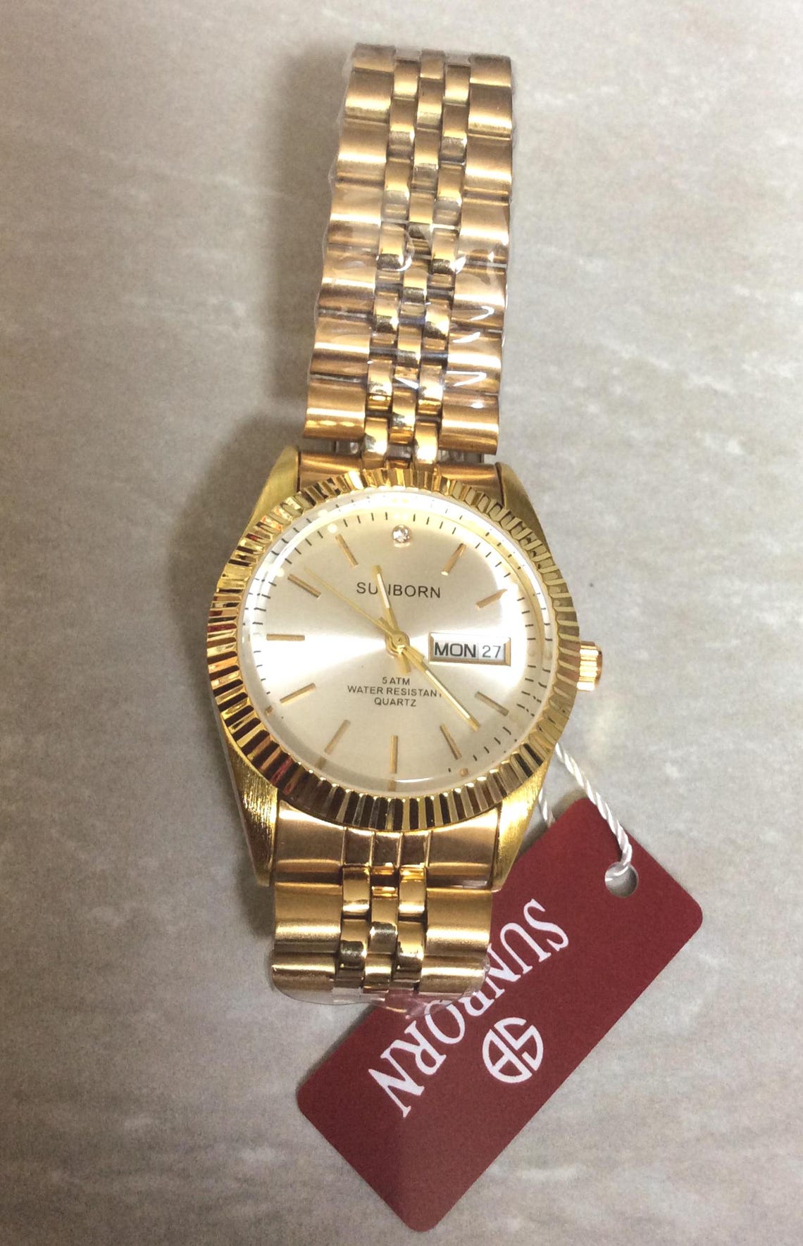 SUNBORN Gold Men's Watch Round Silver Dial Index Hours Day & Date ...