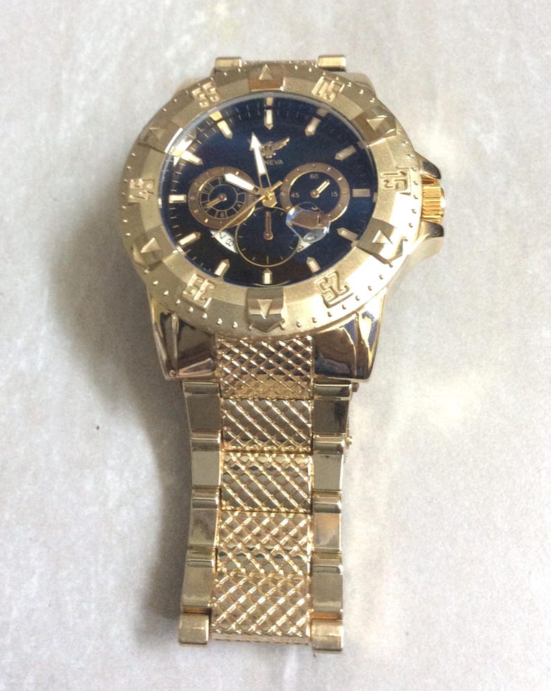 GENEVA GOLD AUTOMATIC Men's Watch Round Black Dial Index Hours and Day ...