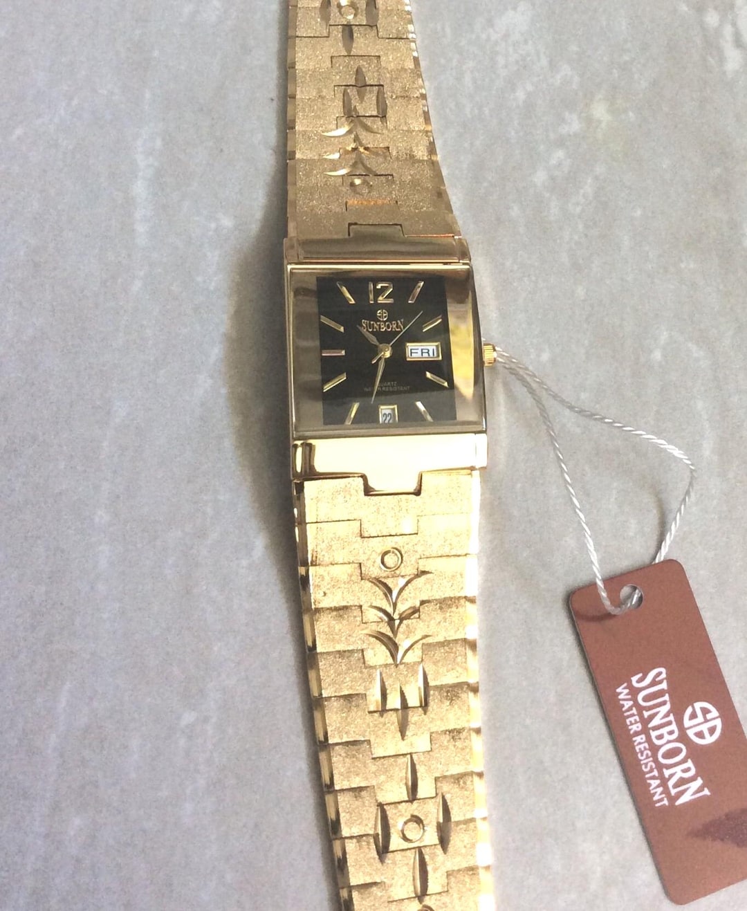 SUNBORN Men's Gold Watch Rectangle Black Dial Day & Date Indicators on ...