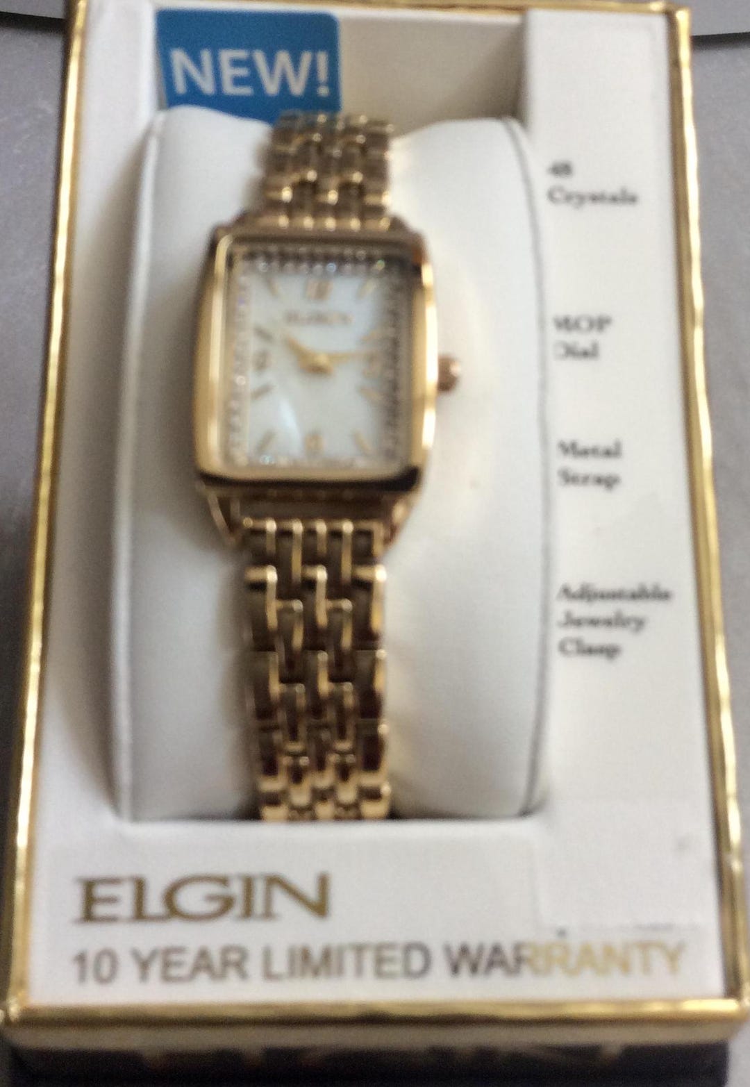 ELGIN Women's Gold Watch Rectangle White Pearl Dial Displaying Numbered ...