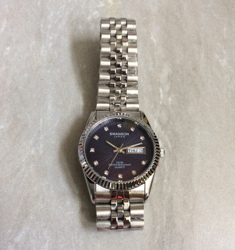 SWANSON Silver Men's Watch Round Blue Sunray Dial Crystal Hour Marker's ...