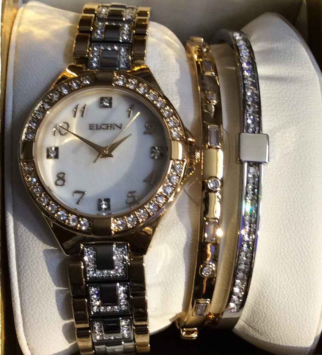 ELGIN Women's Two-tone Crystal Watch Round Pearl Dial Gold Numbered ...