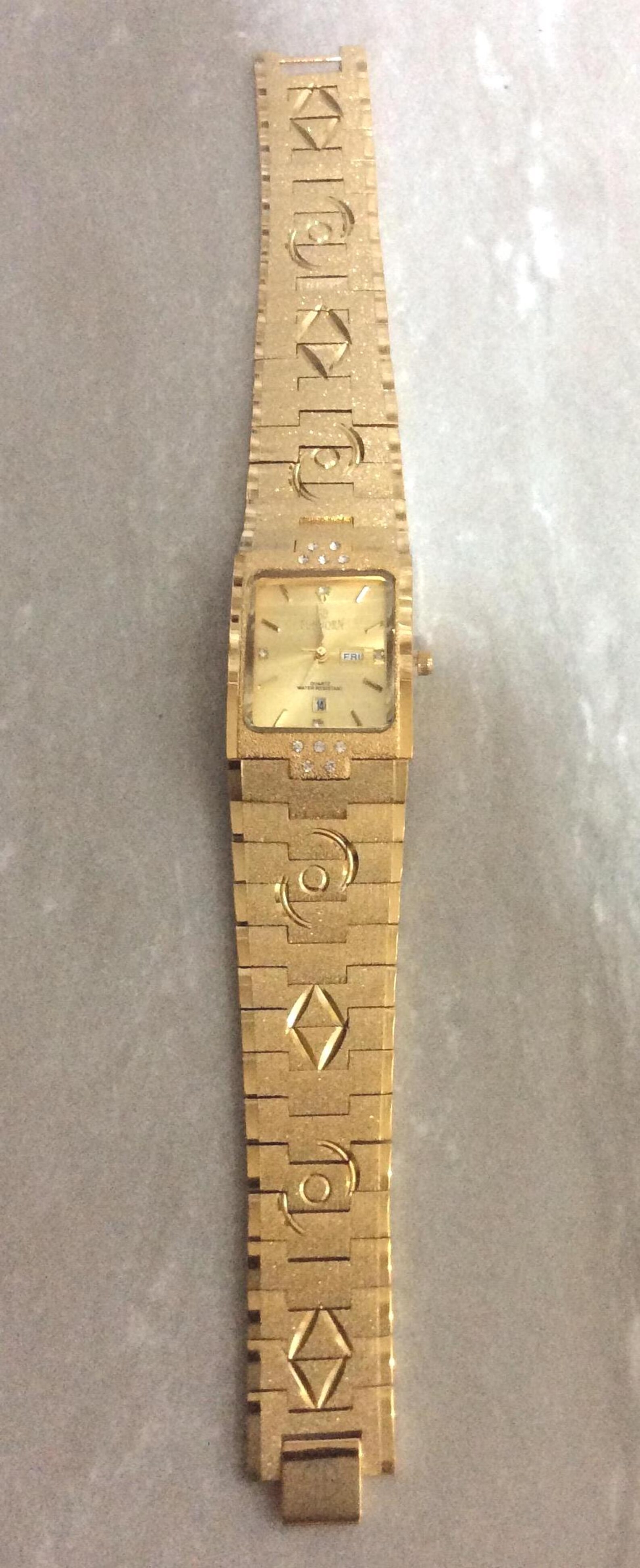 SUNBORN Men's Gold Crystal Watch Rectangle Gold Dial Day & Date Gold ...