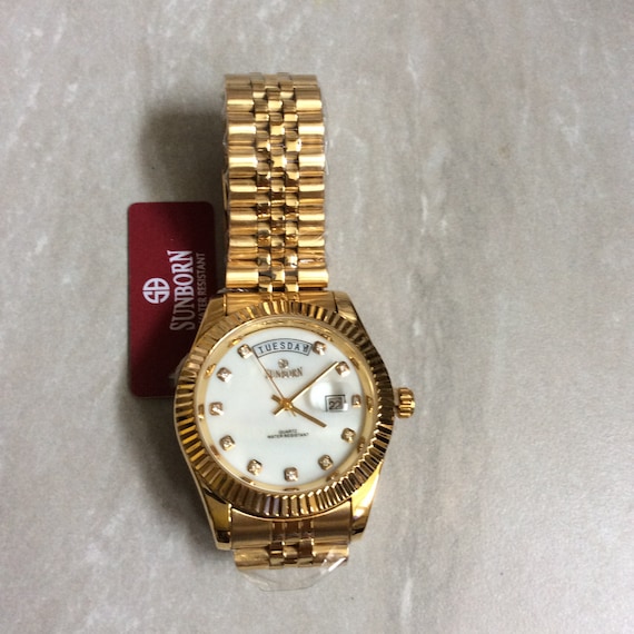 SUNBORN Gold Men's Watch Round Pear Dial Crystal Hour… - Gem