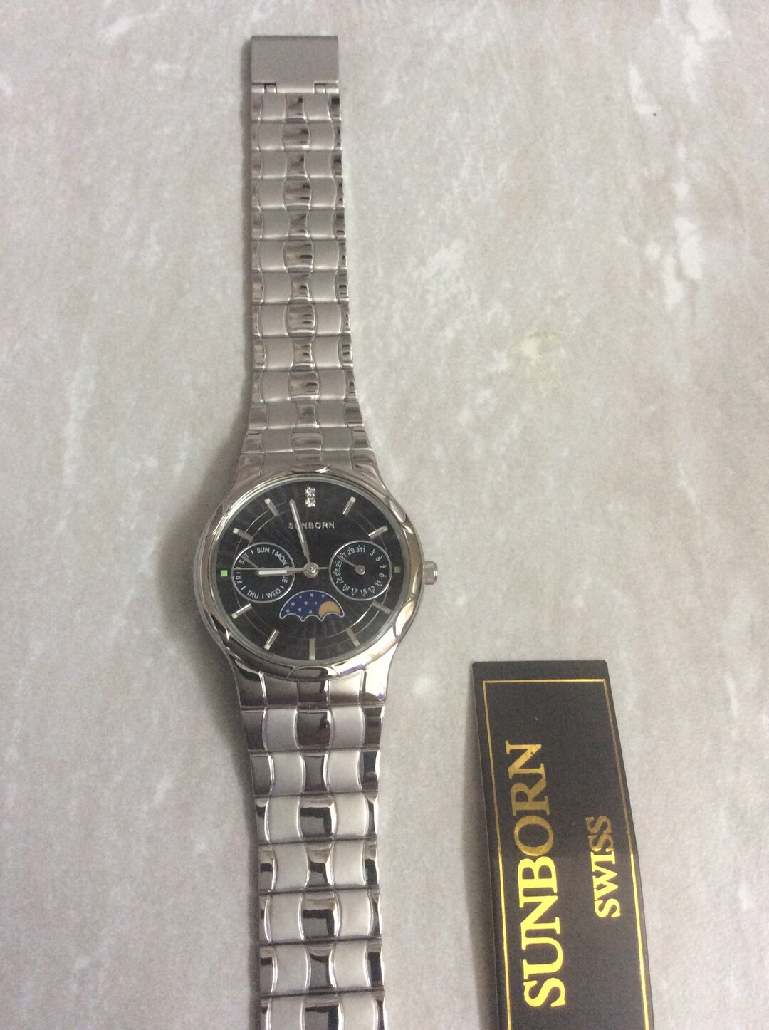 Sunborn Swiss Silver Men's Watch Round Black Dial Day & Date Day Night ...