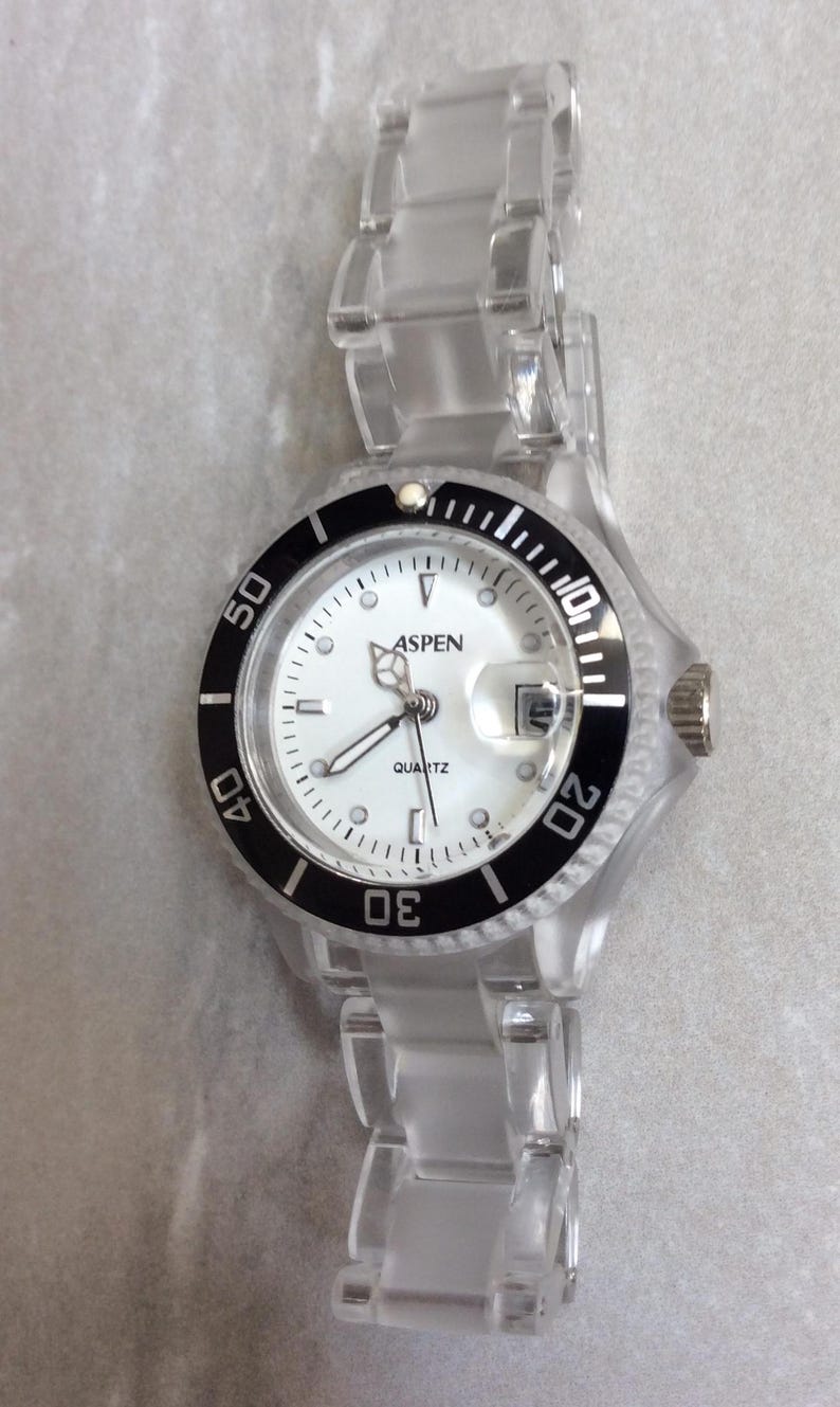 ASPEN Clear Sport Women's Watch Black Bezel Round White Date Dial Index ...
