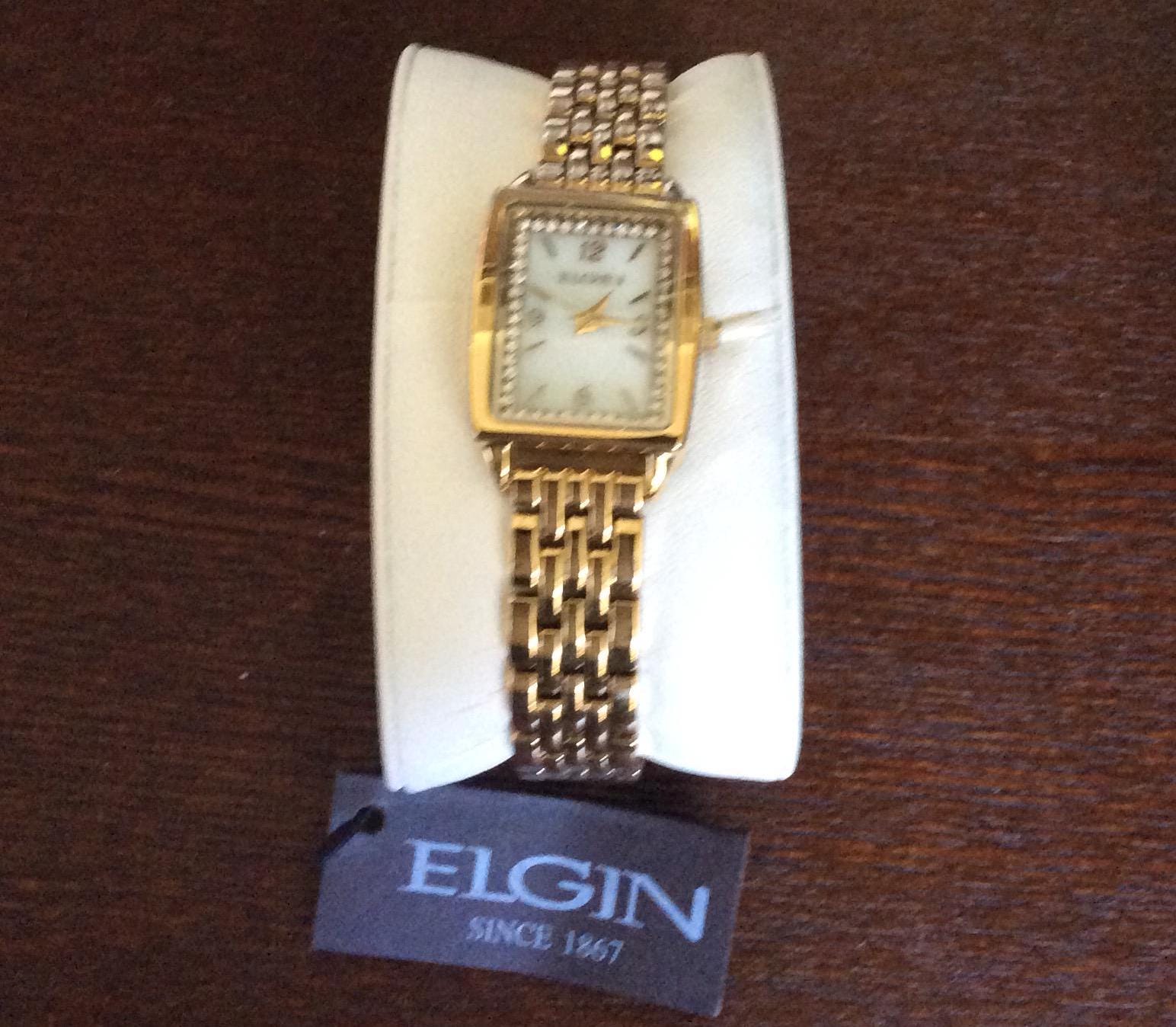 ELGIN Gold Women's Rectangle Watch Crystal Surrounded MOP Dial Numbered ...