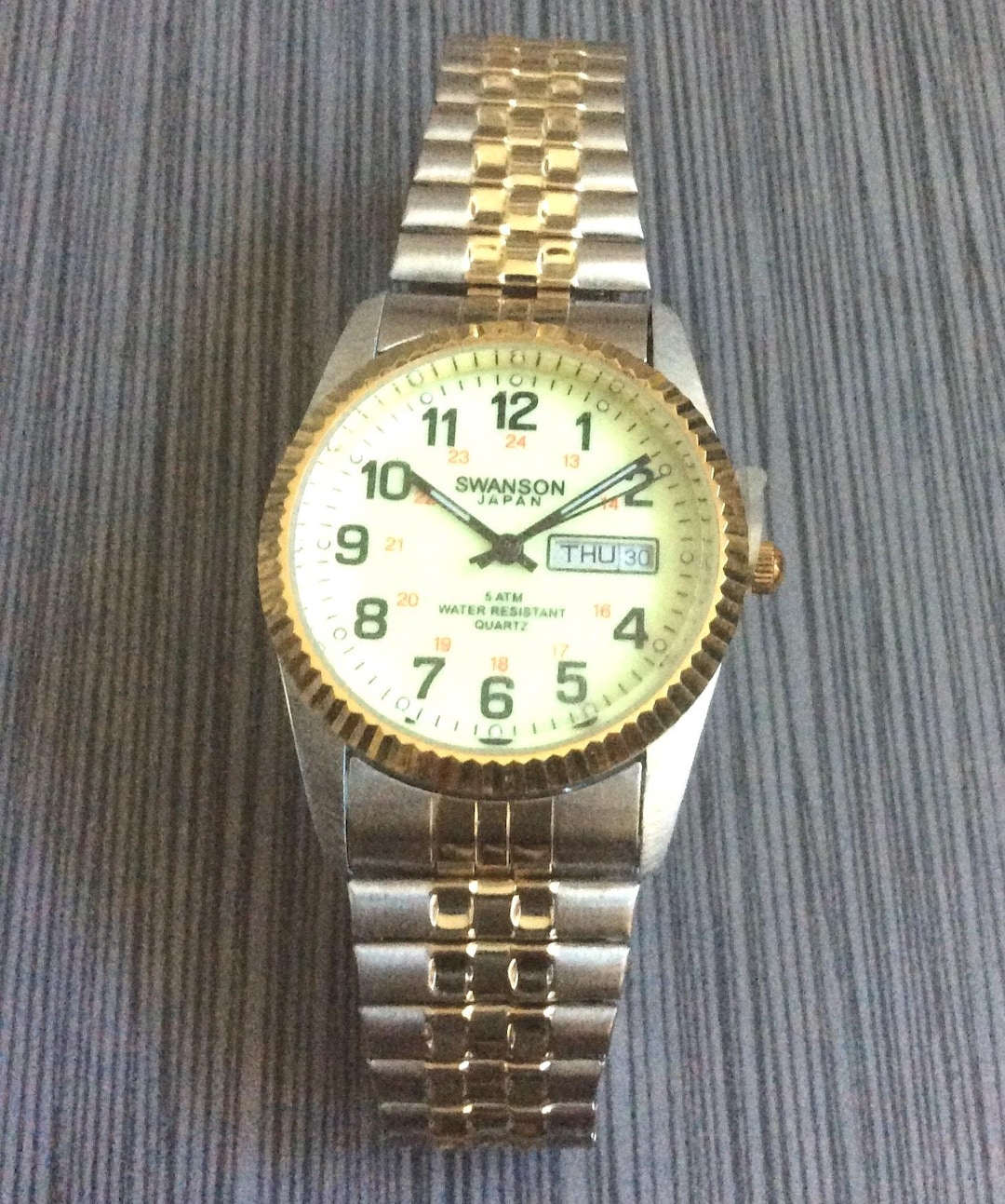 Swanson Men's Watch 5ATM Glow in the Dark Dial 12/24 Hours Date on Two ...