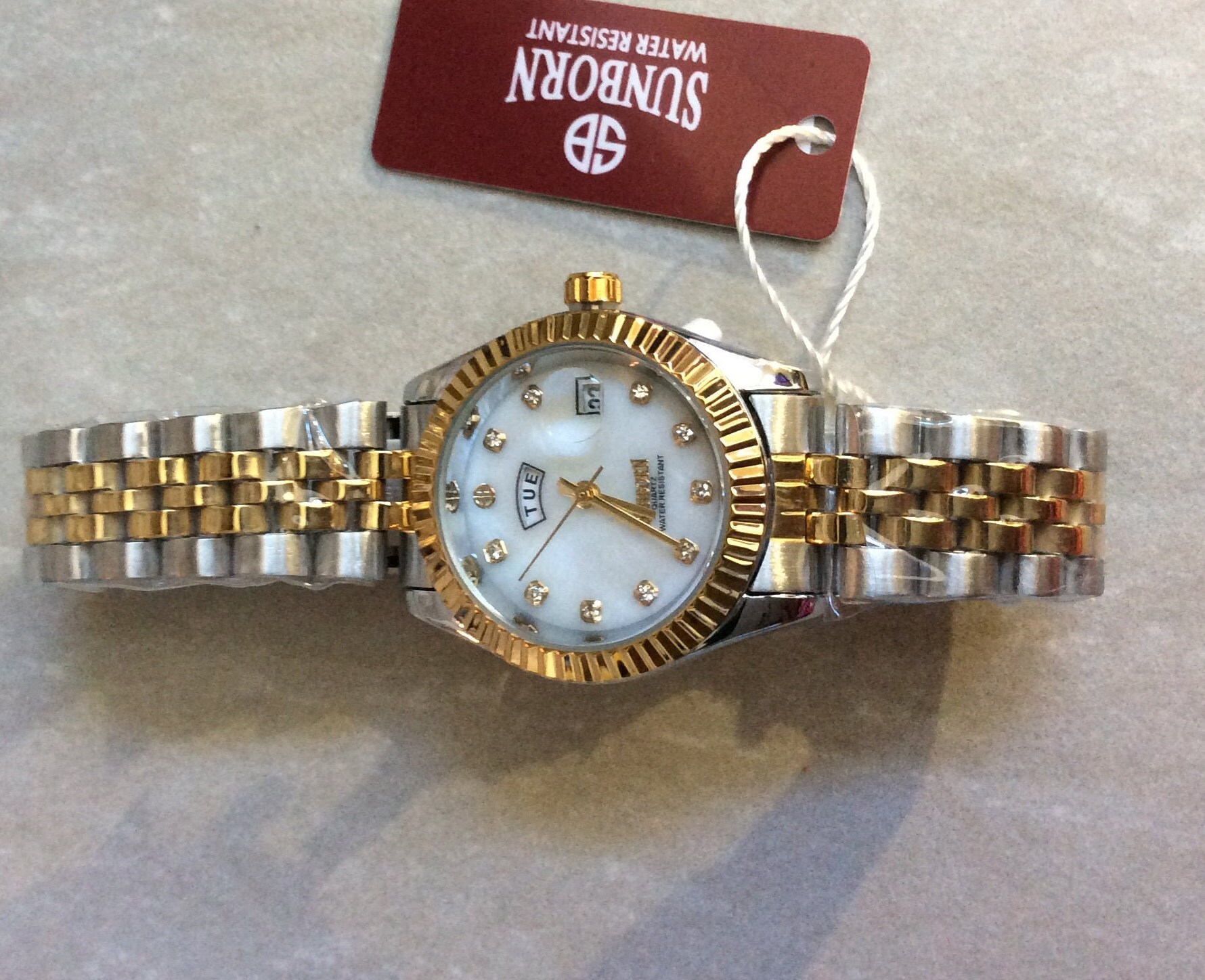 SUNBORN Two-tone Women's Watch Round Pearl Dial Crystal Hours Day ...