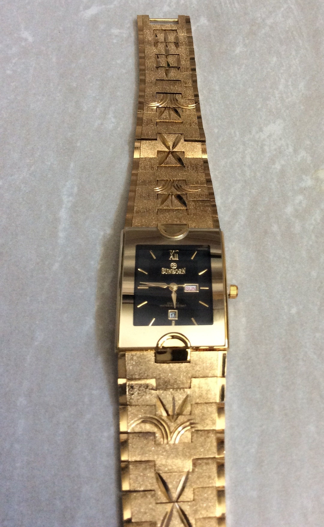 SUNBORN Men's Gold Watch Black Rectangle Dial Index Hours and Day ...