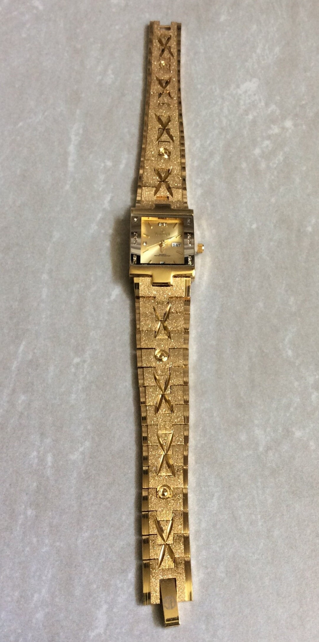 SUNBORN Women's Crystal Watch Rectangle Gold Dial Crystal & Index Hours ...