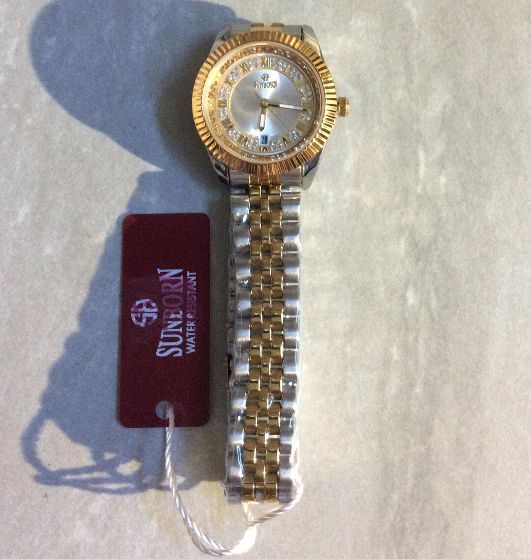 SUNBORN Women's Watch Silver Dial Gold Crystal Gold Index Hours on Two ...