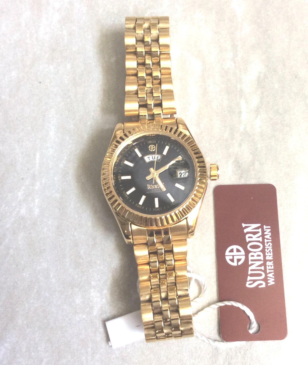 SUNBORN Gold Women's Watch Round Black Dial White Index Hours Crystal ...