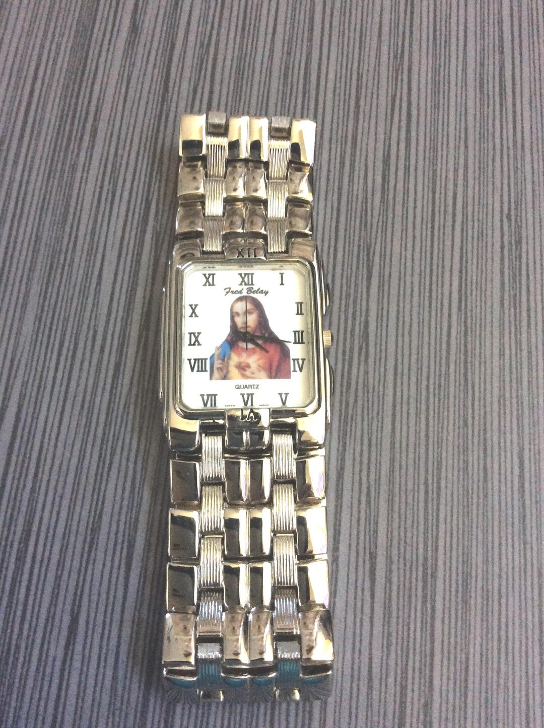 Men's Religious Silver Watch Rectangle White Jesus Dial Black Roman ...