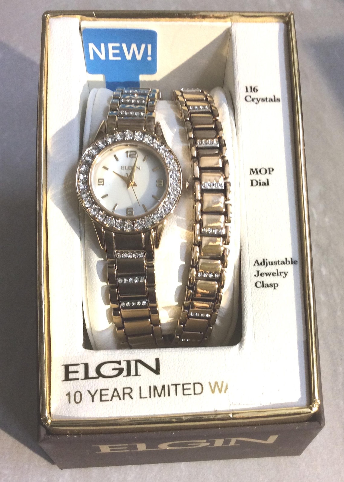 ELGIN Women's Gold Crystal Watch Set Having a Round Pearl Dial Numbered ...