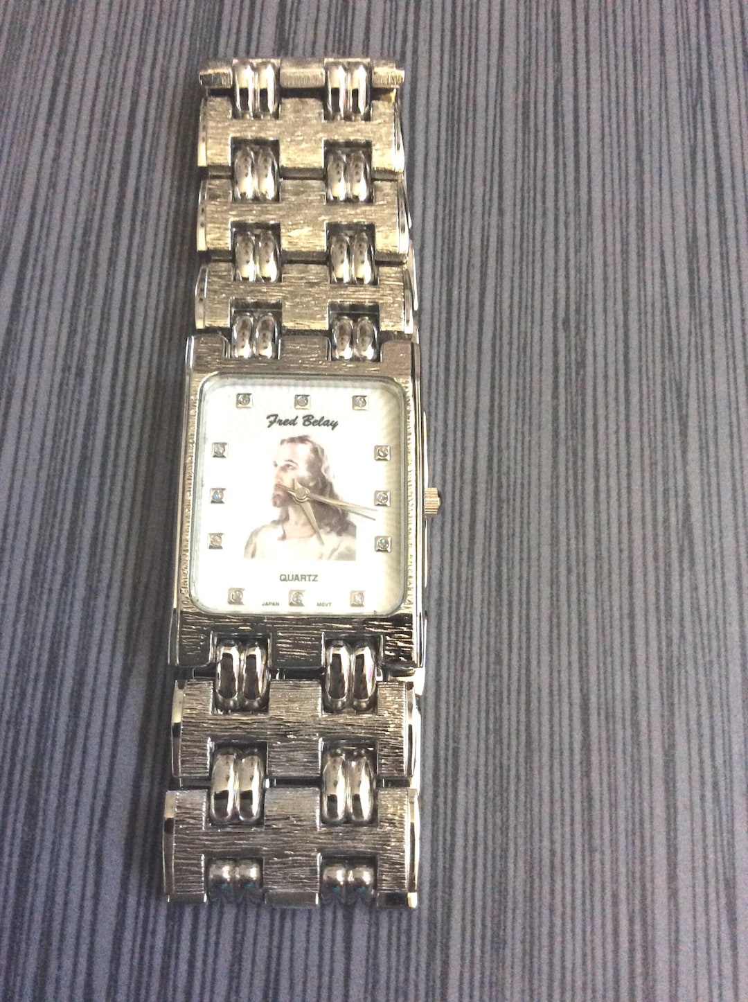 Men's Religious Silver Watch Rectangle Sunray White Dial Image Jesus ...