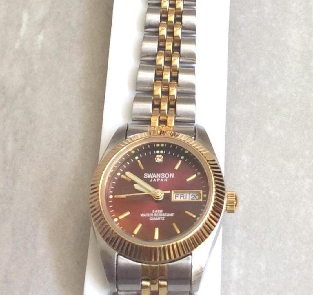 SWANSON Two-tone Women's Watch Round Red Date Dial Gold Index Hour ...
