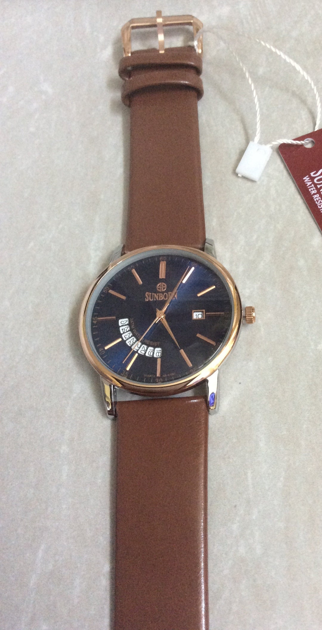 SUNBORN Men's Rose Gold Watch Round Blue Dial Index Hours Day & Date ...
