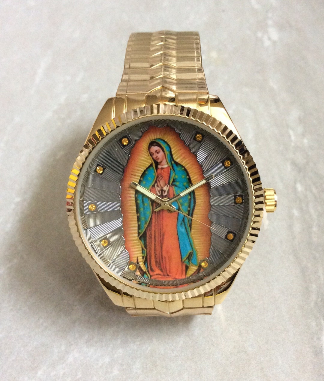 MIYKON Men's Religious Watch Having a Round Silver Sunray Guadalupe ...