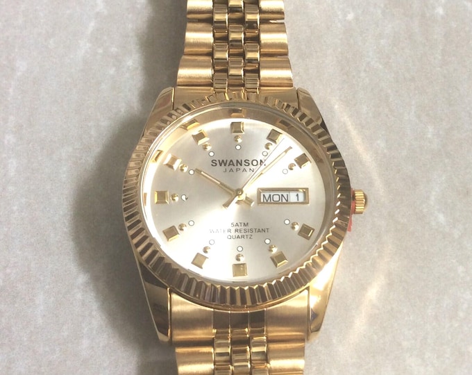 SWANSON Gold Men's Watch Round Silver Dial Unique Gold Hour Markers ...