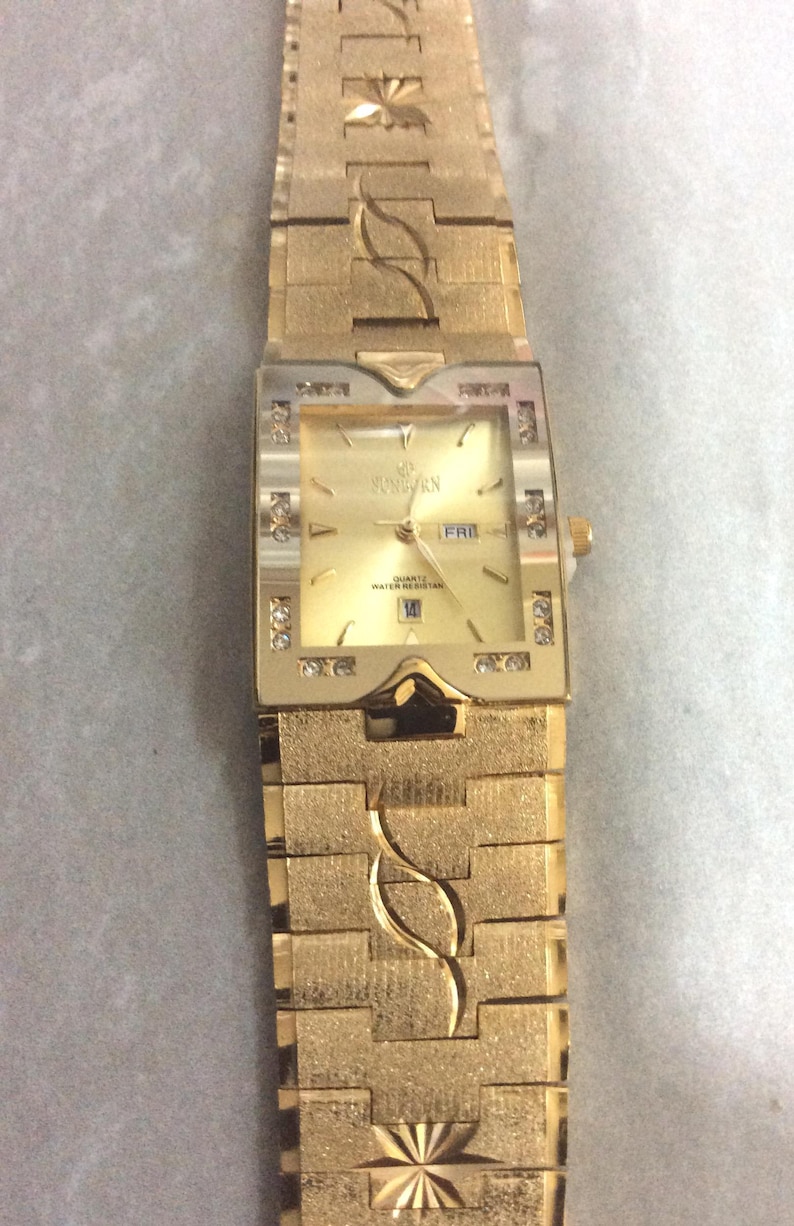 SUNBORN Gold Men's Crystal Watch Rectangle Gold Day & Date Dial Index ...