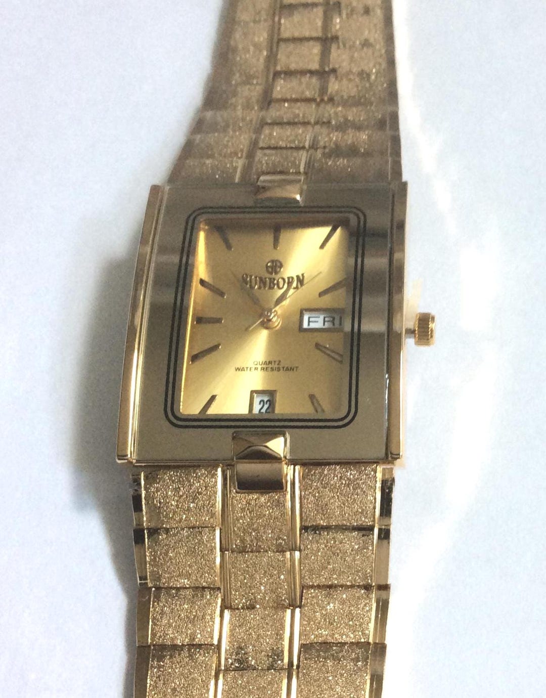 SUNBORN Men's Dress Watch Rectangle Gold Dial Day & Date on Gold Linked ...