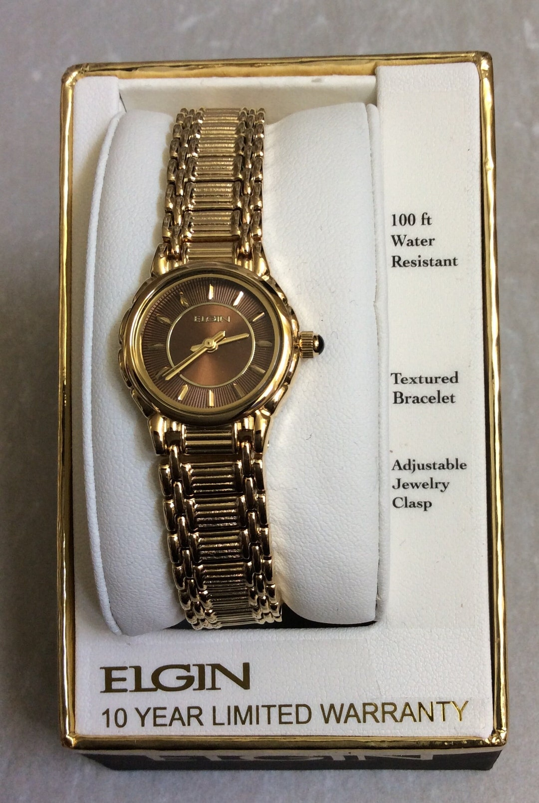 ELGIN Women's Gold Watch Round Brown Dial Gold Index Hours on a ...