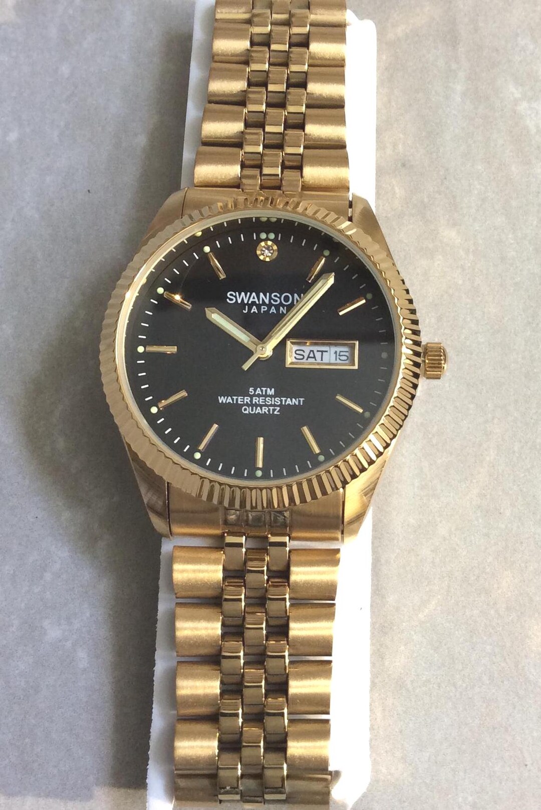 SWANSON Men's Gold Watch Round Black Dial Gold Index Hours Day & Date ...