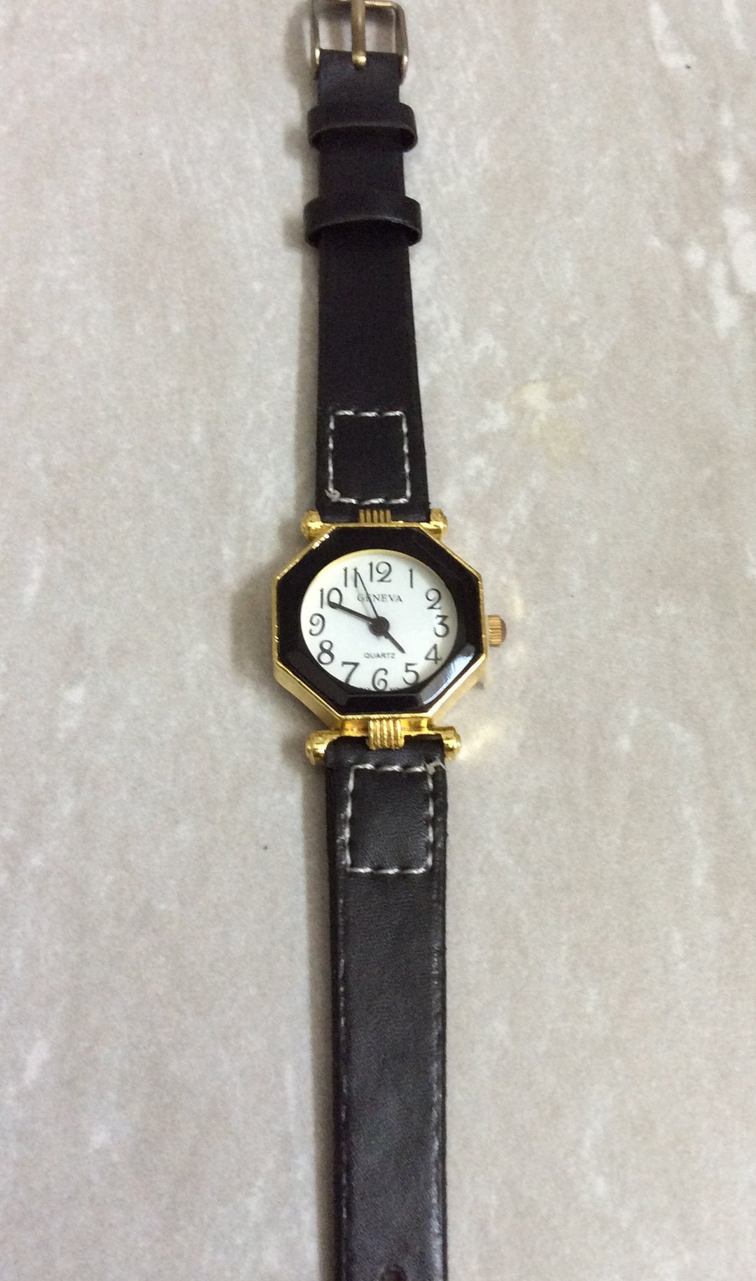GENEVA Women's Gold Octagon Watch White Dial Numbered Hours on Black ...
