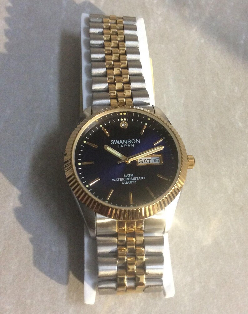 Swanson Men's Watch WR5ATM Round Blue Dial Day & Date on Two-tone ...