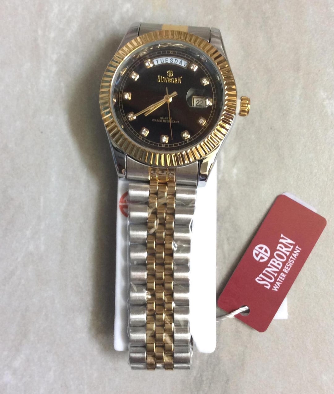 SUNBORN Men's Watch Having a Black Round Dial Crystal Hour Markers Day ...