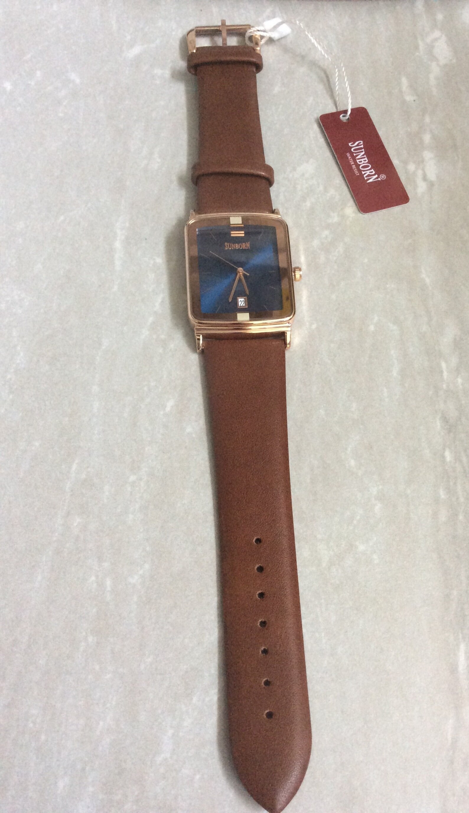 SUNBORN Rose Gold Men's Watch Rectangle Blue Date Dial Index Hours on ...