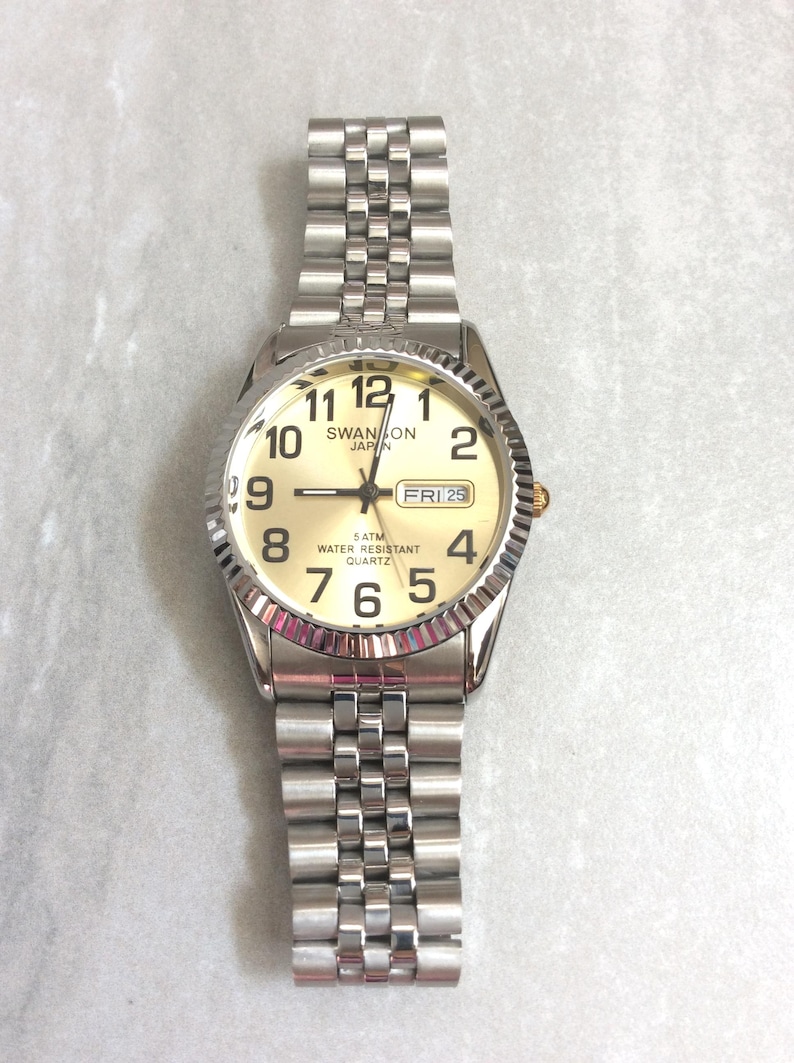 SWANSON Silver Men's Watch Round Gold Dial Black Numbered Hours on ...