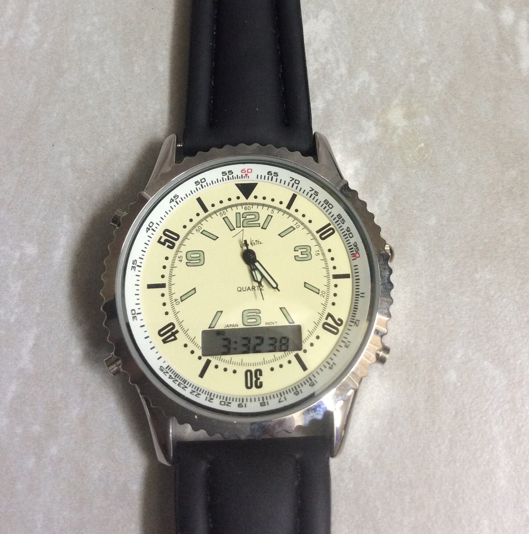 John Weitz Dual Time Watch Round Beige Analog/digital Dial on Black ...