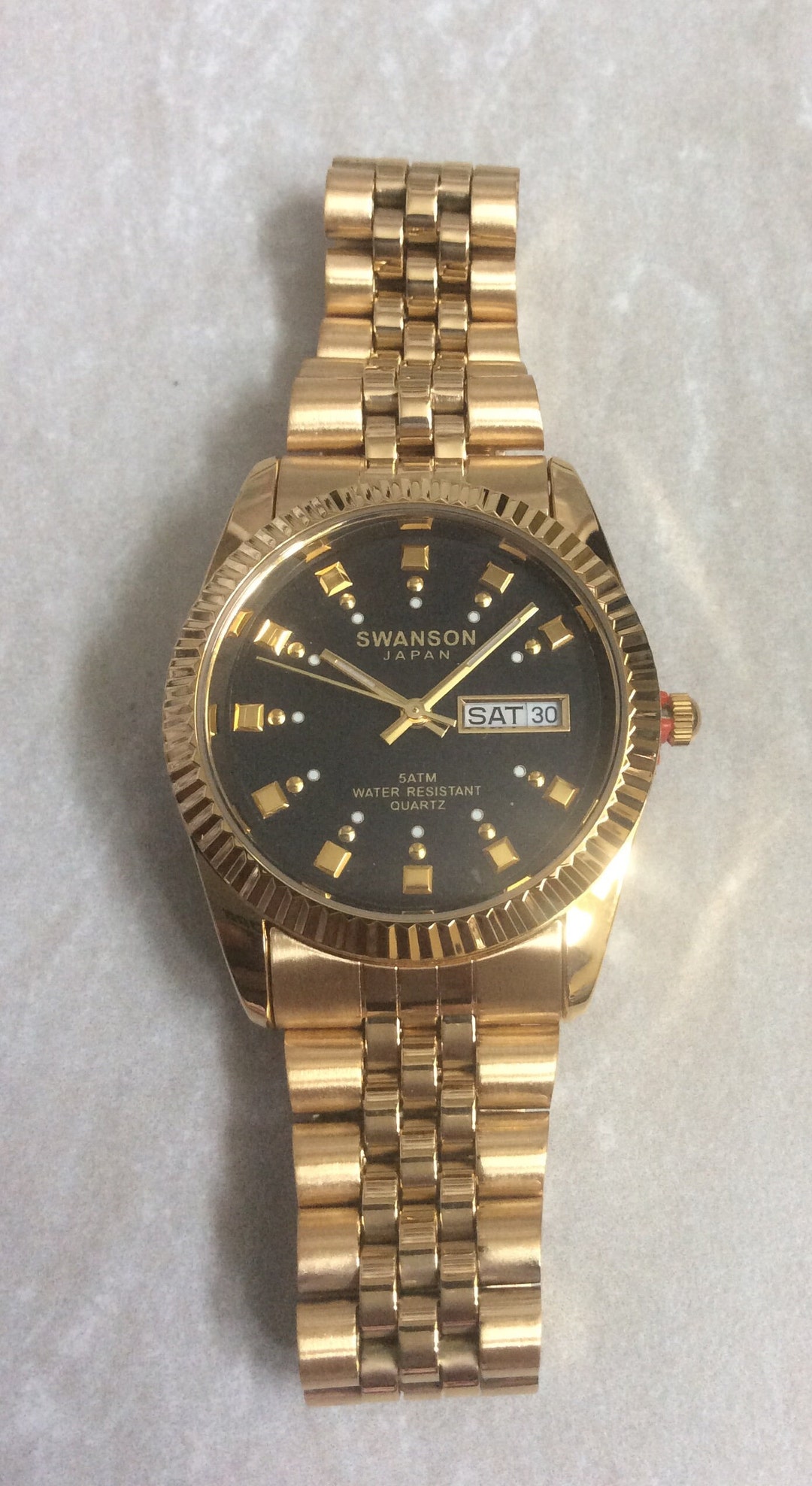 SWANSON Gold Men's Watch Round Black Dial Unique Hour Marker Day & Date ...