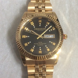 SWANSON Gold Men's Watch Round Black Dial Unique Hour Marker Day & Date ...