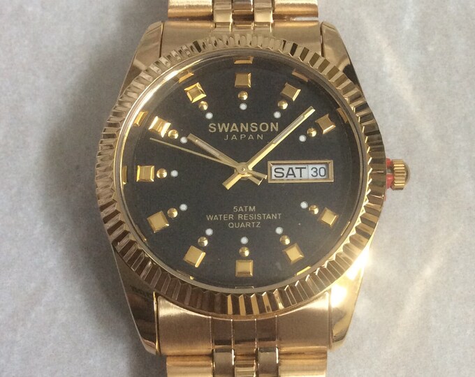 SWANSON Gold Men's Watch Round Black Dial Unique Hour Marker Day & Date ...