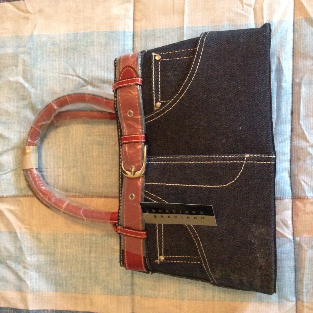 BRACIANO Women's Blue Jean Purse With Burgundy Red Belt and Straps New ...