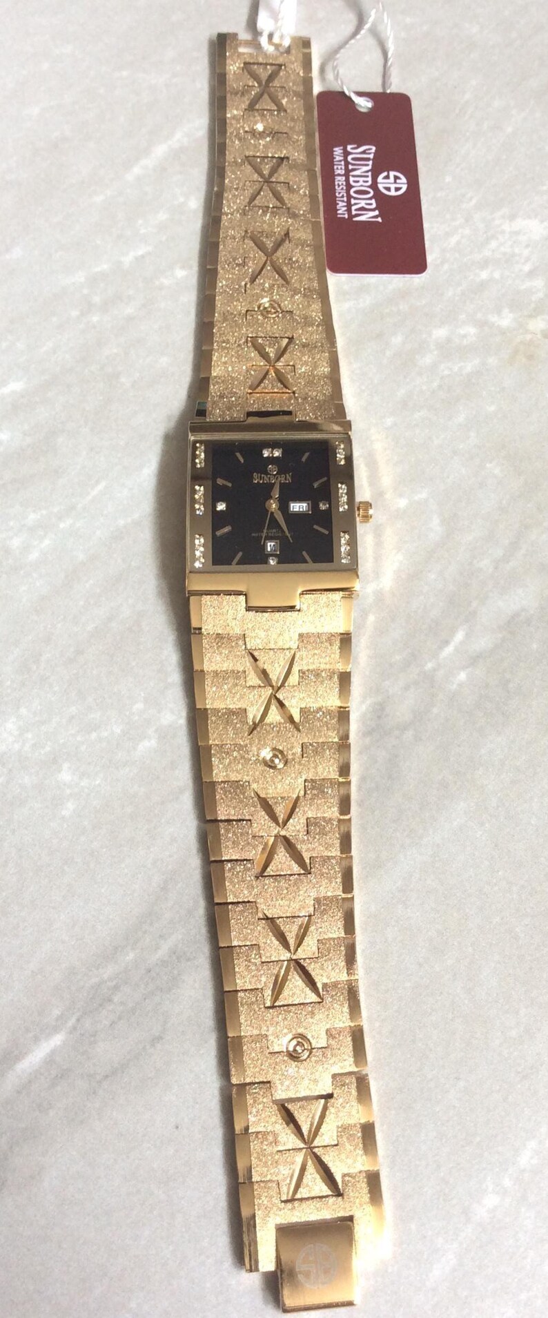 SUNBORN Men's Crystal Watch Rectangle Black Dial Day & Date on ...
